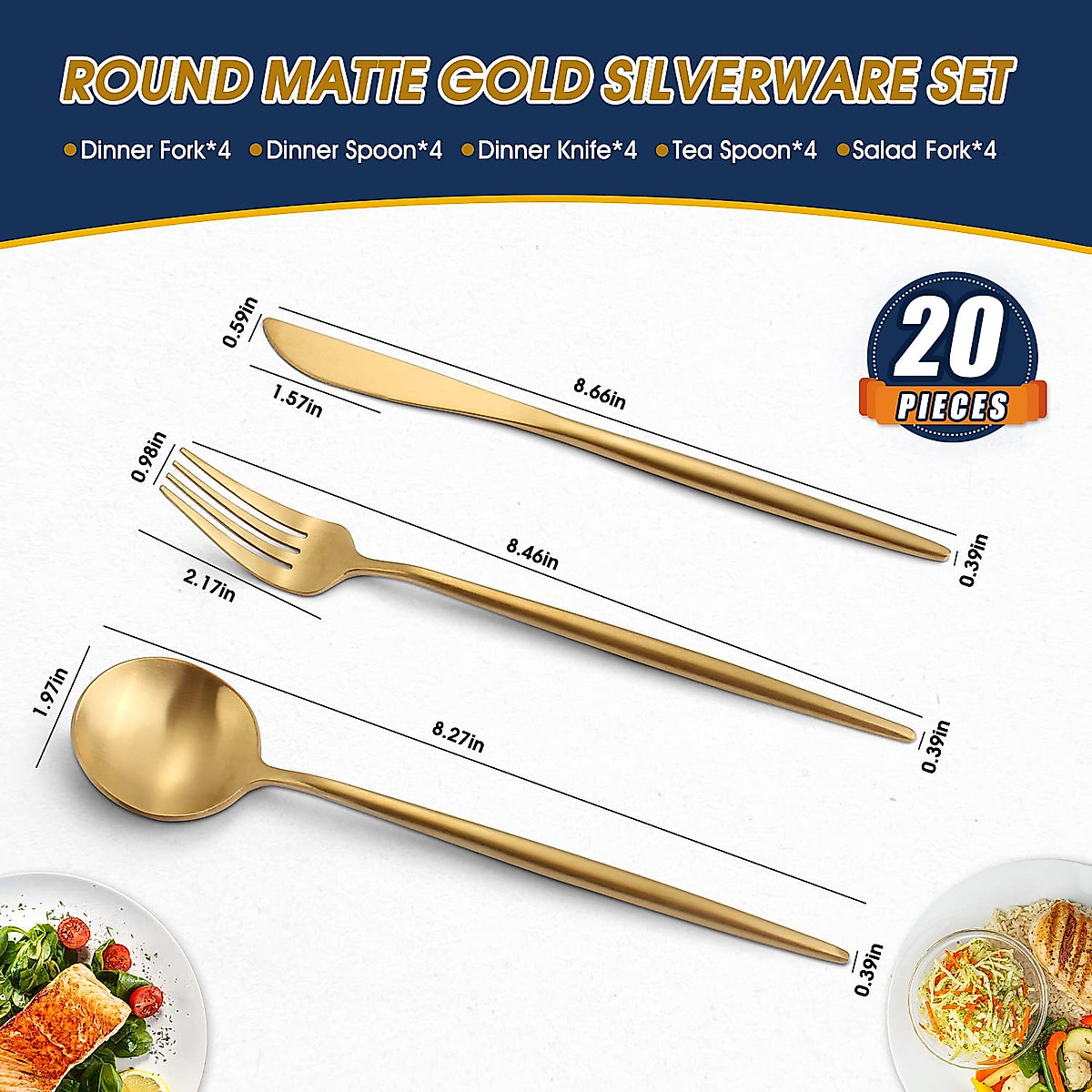Matte Gold Silverware Set,BEGEEL 20-Piece Stainless Steel Flatware Set for 4, Satin Finish Tableware Cutlery Set,Premium Utensil Set,Utensil Sets for Kitchen Home and Restaurant,Dishwasher Safe