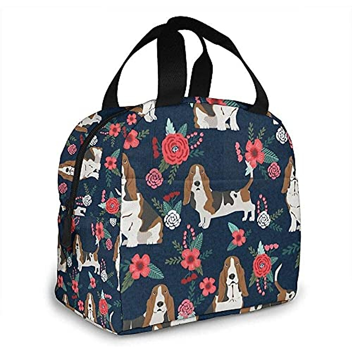 Lunch Bag Basset Hound Floral Dog Dog With Flowers Navy Blue Lunch Box Insulated Bag Tote Bag For Men/Women Work Travel