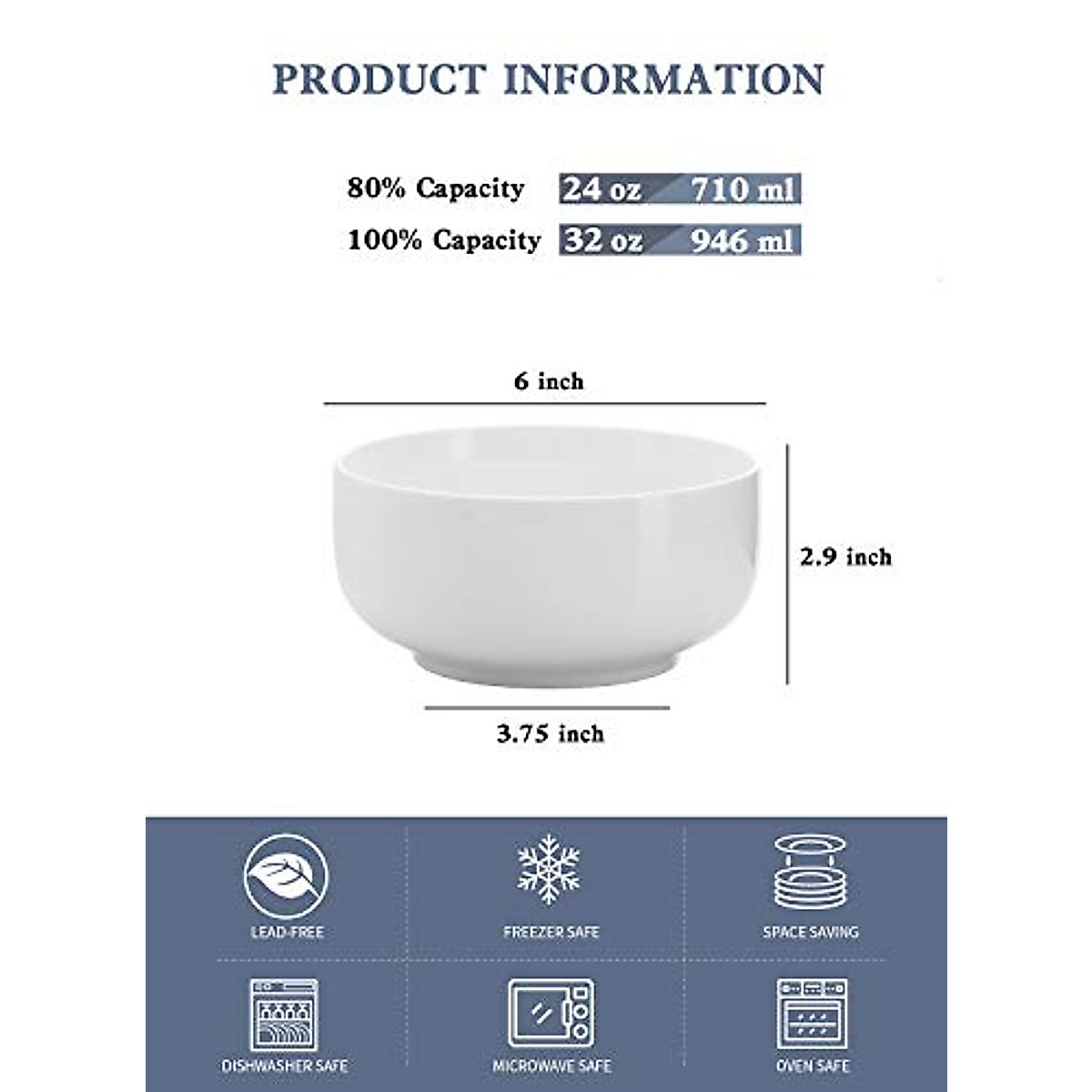 Kanwone Porcelain Bowl Set - 32 Ounce for Cereal, Salad and Soup, Microwave and Dishwasher Safe - Set of 6, White