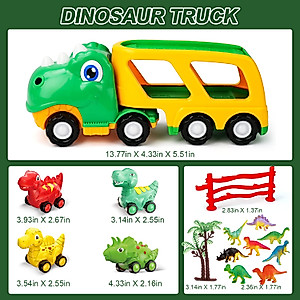TOY Life Toddler Car Toy for 1+ Year Old, Dinosaur Transport Carrier Truck with 4 Pull Back Dinosaur Cars Dino Figures, Dinosaur Toys for Kids 1 2 3 4 5+, Christmas Birthday Gift for 18M+ Boys Girls