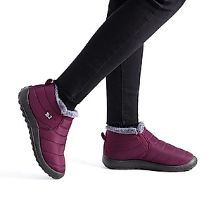 Lazzy Womens Winter Snow Boots, Faux Fur Velcro Ankle Short Booties, Anti-Slip Velour Cuff Sock Knit Boots for Indoor Outdoor Purple Size 7.5