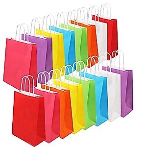 Tomnk 32pcs Party Favor Bags 8 Colors Goodie Bags Rainbow Paper Gift Bags Bulk with Handles for Birthday Party, Candy ,Small Gift and Bridal Shower