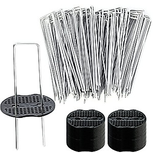 100 pcs 6 inch U-Shaped Landscape Staples and 100 pcs Fixing Gasket Sets, Garden Landscape Staples are Suitable for Outdoor Irrigation Hoses,Fixed Fences,Artificial Turf Nails and Tents.