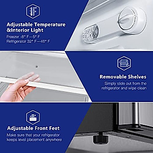 JOY Kitchen JR31TS1E10 2-Door Mini Fridge with Freezer Adjustable Thermostat, Removable Shelf, Energy Efficient, Front Leveling Legs, 3.1 Cu Ft, Stainless Steel