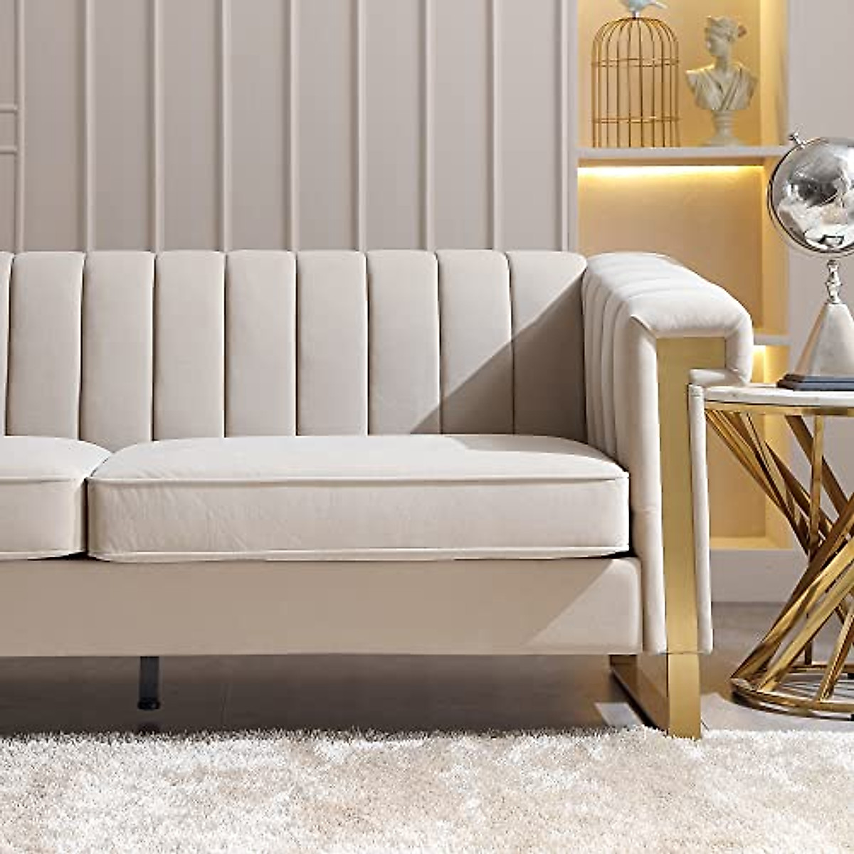 SLEERWAY Beige Velvet Couch Sofa, 84 Wide Mid-Century Modern Love Seat Tufted Chesterfield Velvet Sofa Loveseat Futon with Curved Arm Gold Leg, 3 Seat Large Comfy Couches Sofas for Livingroom (Beige)