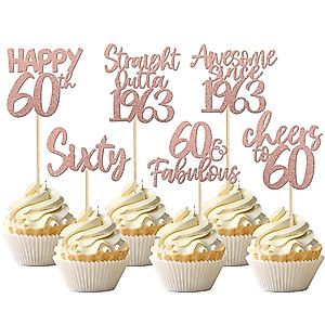 24 PCS Happy 60th Birthday Cupcake Toppers Glitter Sixty Straight Outta 1963 Cupcake Picks Cheers to 60 Fabulous Awesome Since 1963 Cake Decorations for 60th Birthday Party Supplies Rose Gold