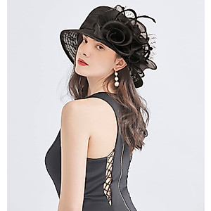 TLMNU Organza Fascinator Hat - Women¡¯s Wide Brim Church Bridal Tea Party Wedding Hat 12LaceBlack