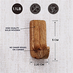 Indian Shelf 6 Pack No Damage Wood Wall Hooks- Small Adhesive Wall Hooks- Boho Key Decorative Wall Hooks for Hanging- Wood Hangers- Sticky Coat Hooks Wall Mount- Towel Hooks for Bathroom Wall Mounted