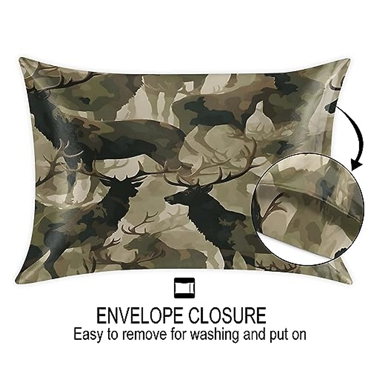 Satin Pillowcase for Hair and Skin Standard Size Military Camo Camouflage Deer,Soft Breathable Smooth Cooling Pillow Covers Satin Pillow Cases with Envelope Closure,20x26 Inches
