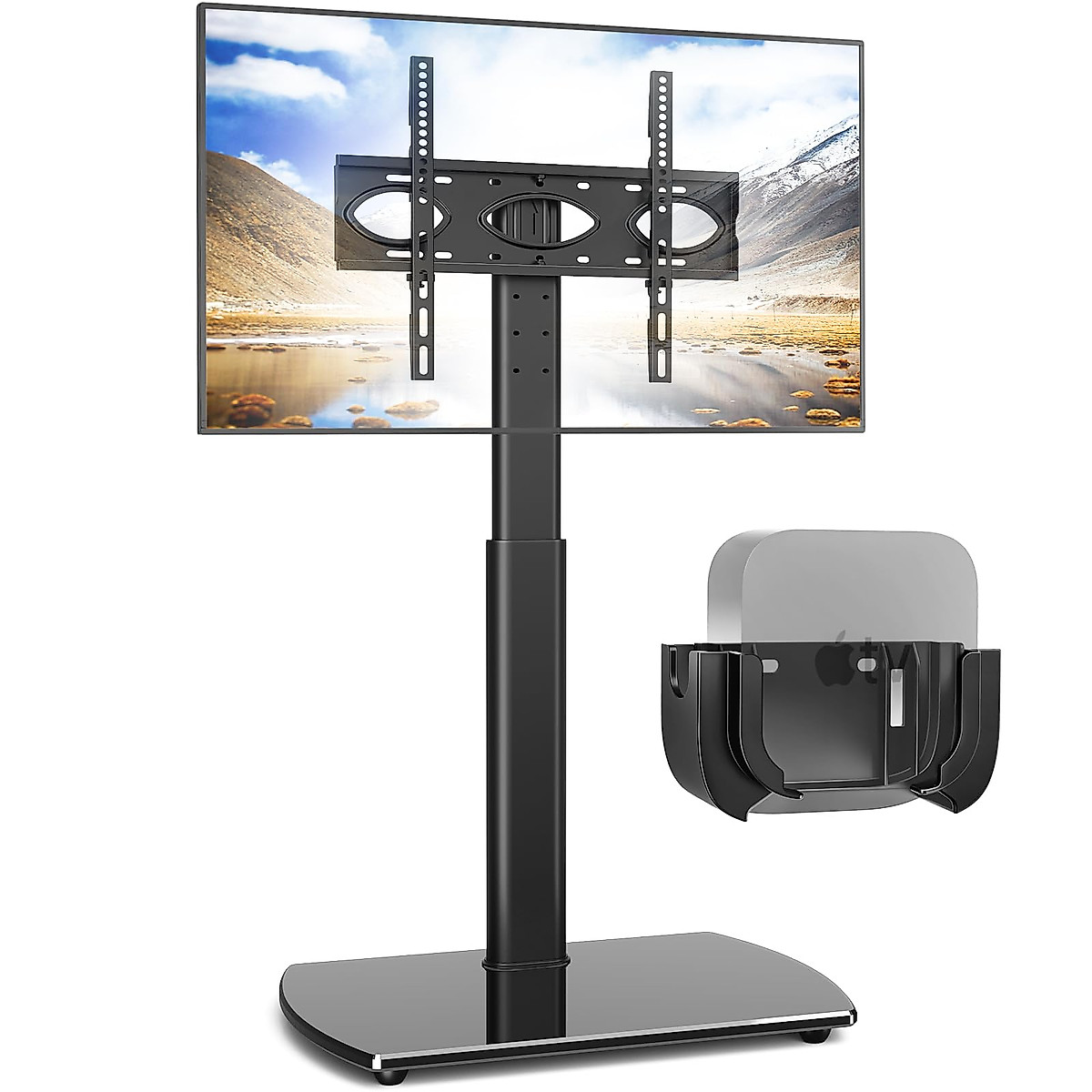 Rfiver Swivel TV Floor Stand with Mount for Apple TV/Roku Ultra, Universal for 32-65 Inch LCD LED Flat Screen, Height Adjustable TV Mount Stand with Shelf, Space Saving Corner TV Stand for Home Office