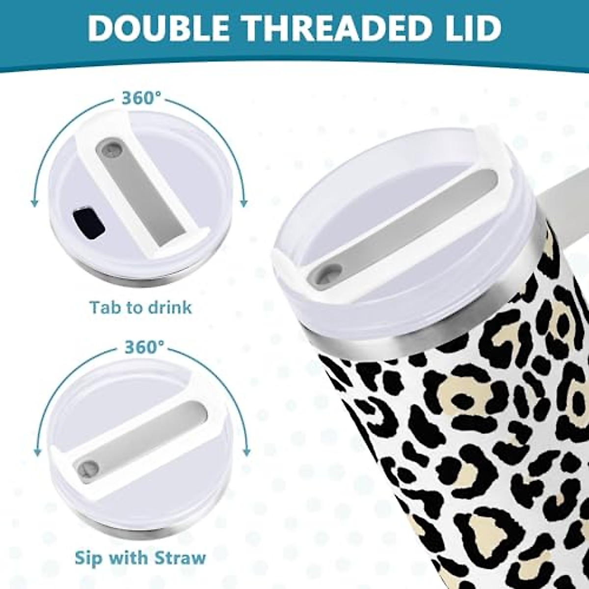 ODAWA Stainless Steel Tumblers Large with Straw and Handle, Black White Leopard Print Travel Insulated Tumblers