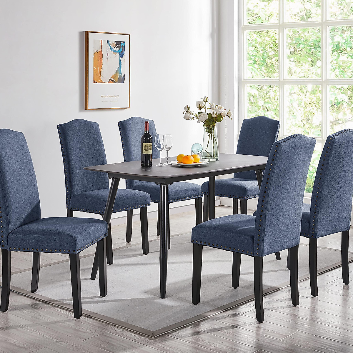 Yaheetech 6pcs Dining Chairs Fabric Upholstered Chair Kitchen Parson Chair with Nailhead Trim and Solid Wood Legs for Home Kitchen and Restaurant, Blue