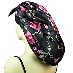 Extra Large Sleep Cap Satin Bonnet for Sleeping Long Hair Bonnet for Women Large Night Cap for Curly Hair XL Silk Bonnets (Black + Rose)