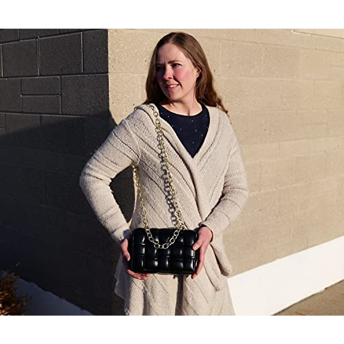 Bella Luna Woven Padded Cassette-Style Crossbody Handbag Purse for Women with Chain Bag (Black-Chain)