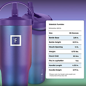 IRON °FLASK Sidekick Insulated Water Tumbler w/Straw & Foldable Handle - Stainless Steel Leak-Proof Bottle, Non-Slip Base & Fits Cup Holders for Hot, Cold Drinks - Travel Mug - 30 Oz, Aurora