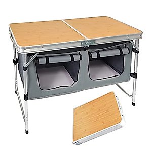 Folding Camping Table with Storage Lightweight Camp Tables Portable Indoor/Outdoor Collapsible Table Height Adjustable Camp Kitchen Perfect for Picnic, Beach, Travel, Tailgating, Backyards, BBQ, Party