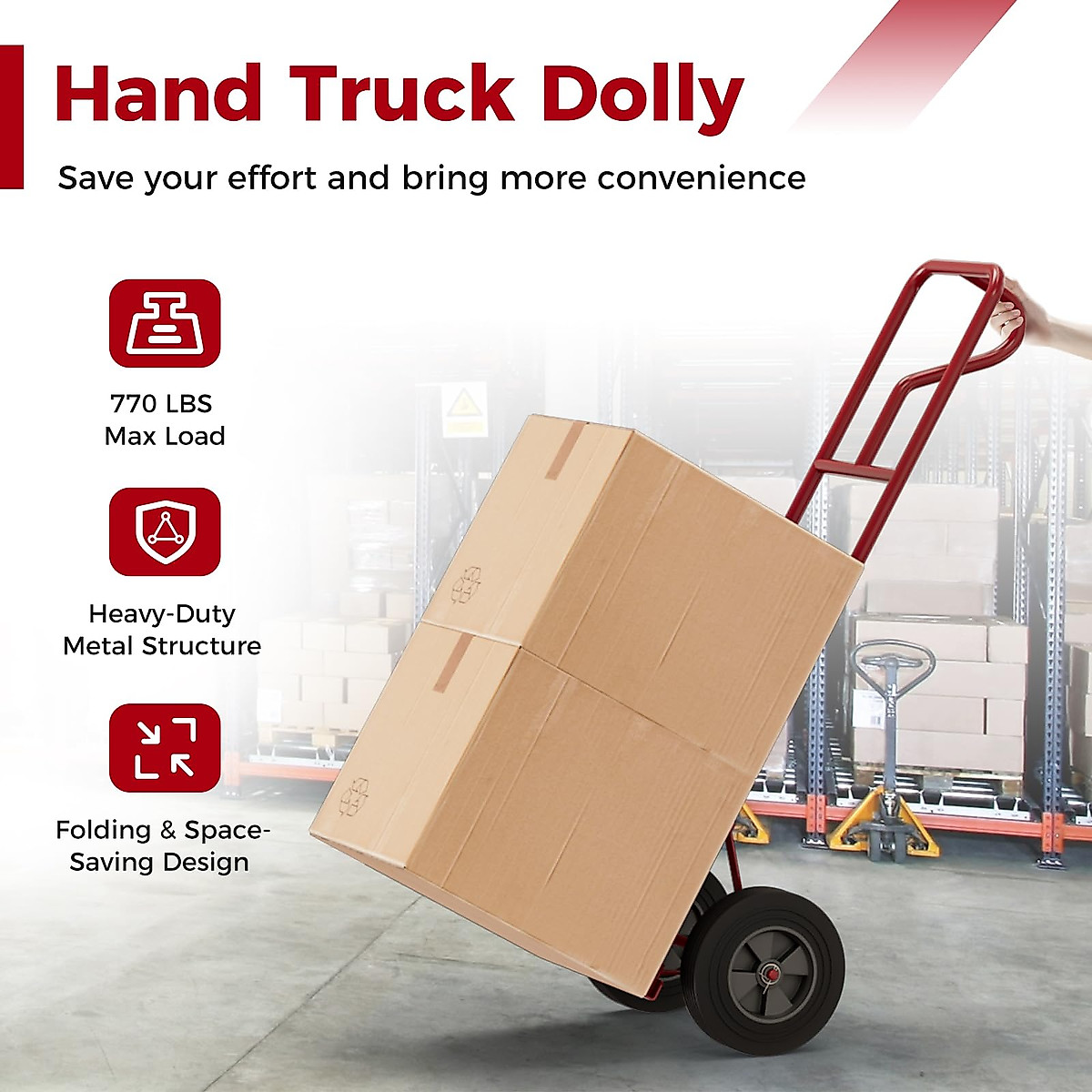 Goplus Hand Truck, P-Handle Hand Truck Dolly w/Vertical Loop Handle, 10” Rubber Wheels, 15”x8” Foldable Nose Plate, 660LBS Capacity, Heavy Duty Metal Dolly Cart for Lifting, Stairs (Red)