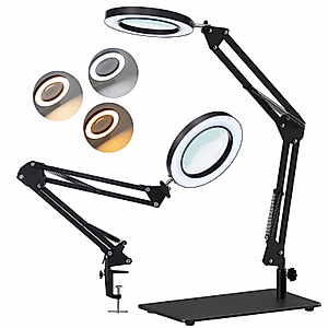 10X Magnifying Glass with Light, KUVRS 2-in-1Anti-Tipping Base & Clamp Magnifying Lamp, 3 Color Modes Stepless Dimmable, Adjustable Swing Arm Lighted Magnifying Glass for Hobby, Soldering, Close Work