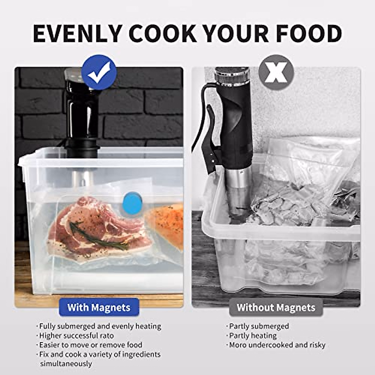 Sous Vide Magnets, 6 Pack Magnet Clips Weights Accessories Works on Sous Vide Machines to Keep Food Submerged and Fix, Food Grade Silicone Coated, replace with Sous Vide Weights Balls Clips and Racks