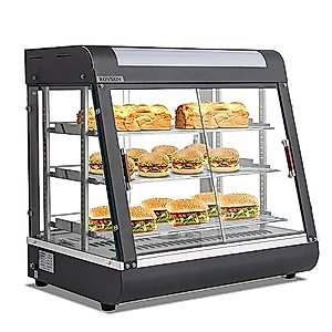 ROVSUN 26" Food Warmer, 3-Tier Food Warmer Display Electric Pizza Warmer Commercial Countertop w/LED Lighting Adjustable Removable Shelves Glass Door, Pastry Display Case for Buffet Restaurant 1200W