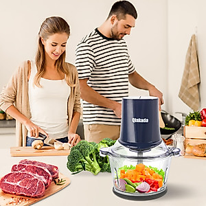 Qinkada Food Processors with 2 Bowls, 400W Meat Grinder, Food Chopper Electric, 2 Speed, 8Cup Glass and 8Cup 304 Stainless Steel, 2 Blades, Spatula (Blue)