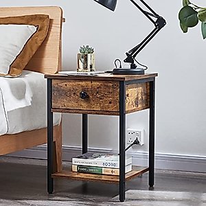 SUPERJARE Nightstand with Charging Station and USB Ports, Side Table End Table with Drawer, Open Storage Shelf and Steel Frame, Bedside Table for Small Spaces, Rustic Brown