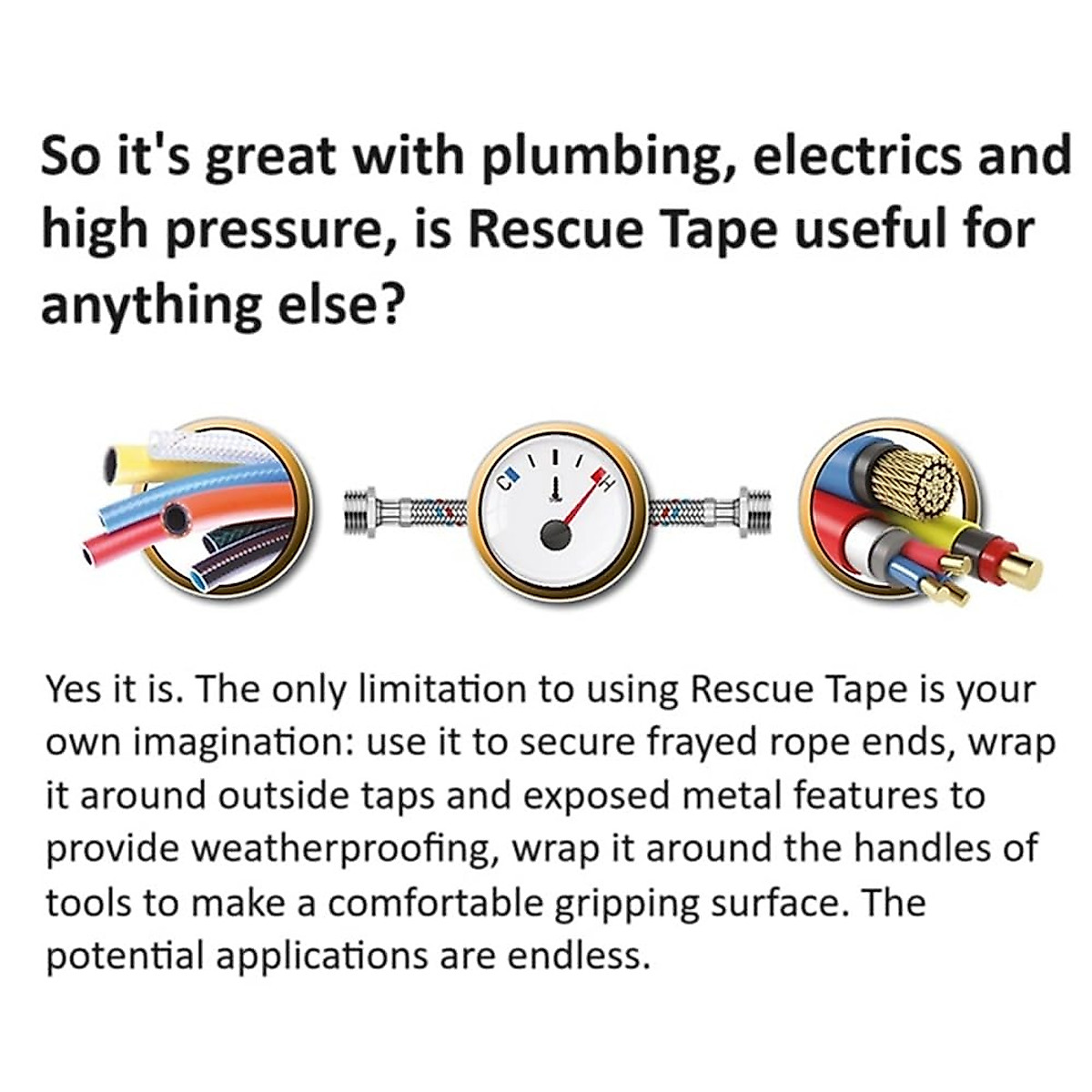 Rescue Tape, Self-Fusing Silicone Tape, Emergency Plumbing Pipe & Radiator Hose Repair, Electrical Insulation, 1" Width x 36' Length x 0.02" Thick, Black