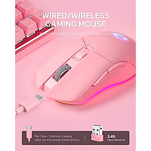 DAREU Pink Wireless Wired Gaming Mouse Dual-Mode Rechargeable 7 Programmable Buttons,10K DPI,RGB and 7 Adjustable DPI Levels up to [150IPS] [1000Hz Polling Rate] for PC Notebook Mac