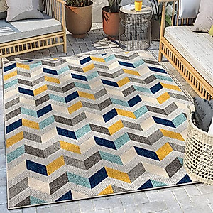 Well Woven Maui Blue Indoor/Outdoor Chevron Area Rug (5'3" x 7'3") High Traffic Stain Resistant Modern Geometric Carpet