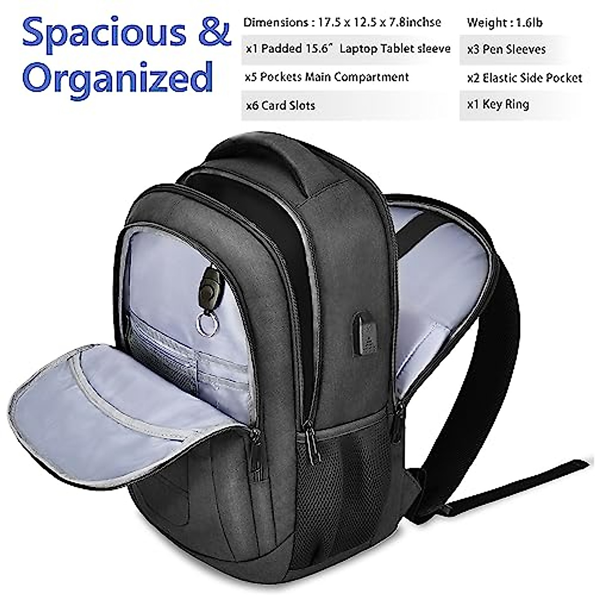 BAGEIRA Travel Backpack for Men Women, School Backpack, Anti Theft Back Packs Fit 15.6 inch Laptop with USB Charging Port, Business Computer College School BookBag, Work Casual Daypack, Black