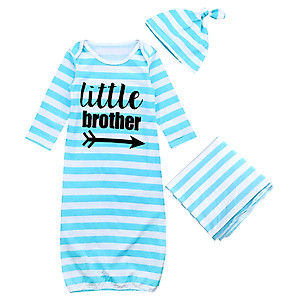 3pcs Set Baby Sleeper Gown, Newborn Swaddle Receiving Blankets and Hat, Infant Shower Gift for Little Brother 0-6 Months WB1 Blue