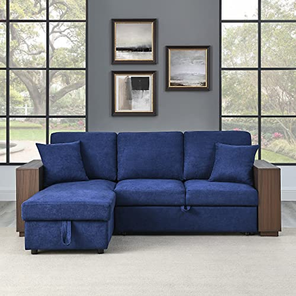 SZUBEE L-Shaped 88" Reversible Pulled Bed Sectional Living Room Furniture with 2 Seats Sofa and Storage Chaise Two Pillows, Navy Blue