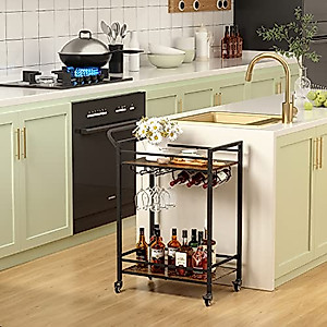 Tajsoon 2-Tier Mobile Bar Serving Cart, Industrial Style Beverage Cart with Wine Rack and Glass Holder, Rolling Drink Trolley for Kitchen, Living Room, Rustic Brown