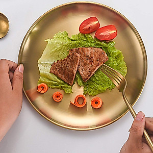 AIYoo Stainless Steel Gold Plates 2 Set Round Dinner Dishes 10 Inch Metal Plates Great for Picnic,Outdoor Camping Plate,Shatterproof & Dishwasher Safe…
