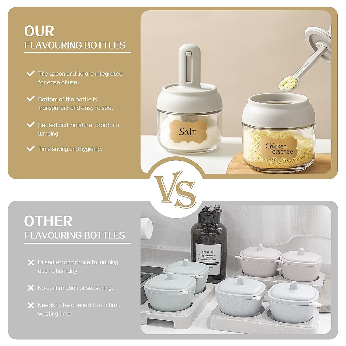 LELE LIFE 4 Pack Glass Seasoning Jars with Retractable Spoon and Lid, Air-Tight Seasoning Containers Spice Jars, 9oz Sugar Container Salt Cellar Box, Condiment Containers with Lids