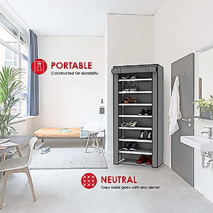 Sunbeam Multipurpose Portable Wardrobe Storage Closet Rack For Shoes and Clothing 7 Tier/Fits 24 Pairs of Shoes Heavy Duty Non Woven Material With Roll Down Cover (Grey)