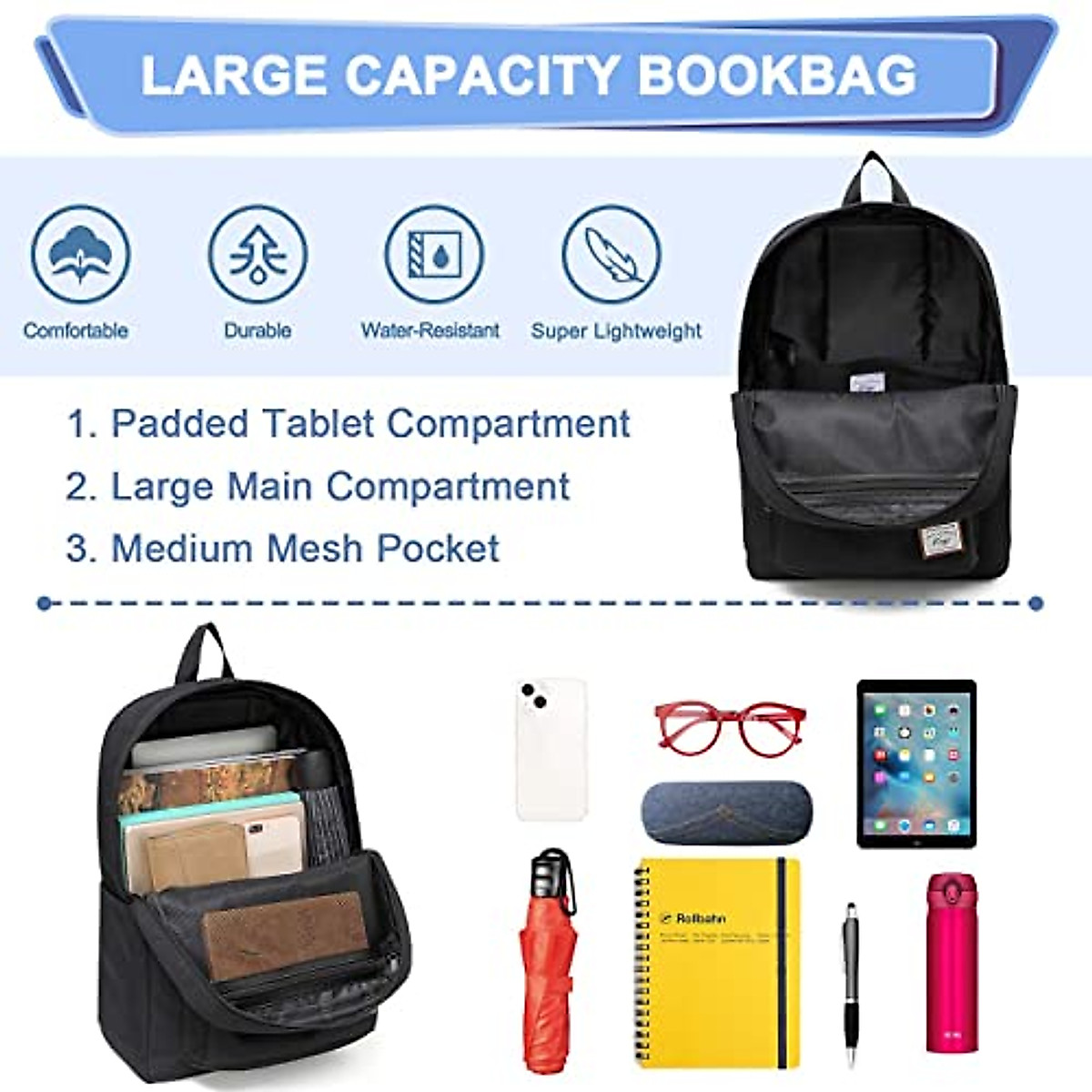 Kasqo Lightweight School Backpack, Large Capacity Water-Resistant Casual College Bookbag for Men Women Teen Girls Boys, Black