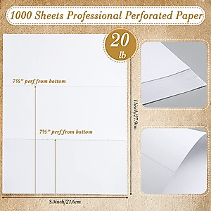 1000 Sheets Perforated Paper for Statements Invoices Gift Certificates Coupons 8-1/2" x 11" Letter Size Perforated Paper 20 lb 75 GSM 2 Horizontal Perfs 3 2/3" and 7 1/3" from Bottom
