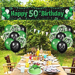 Green and Black 50th Birthday Banner and Balloons - 18pc Set for Indoor/Outdoor Decor