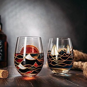 The Wine Savant Artisanal Hand Painted Sunrise Glasses, Stemless Set of 2 Wine, Water & Whiskey Glasses Crystal Tumblers - Gift Idea for Her, Him, Birthday, Housewarming - Large Goblets (18.5 OZ)