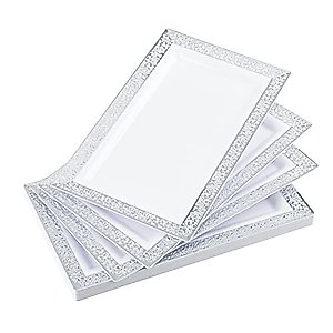 BBG 12Pcs Plastic Silver Serving Trays and Platters Set, 13.77 * 8.46” White with Silver Lace Design, Rectangular Plastic Food Platters, Disposable Serving Tray for Party Weddings Reception Buffet