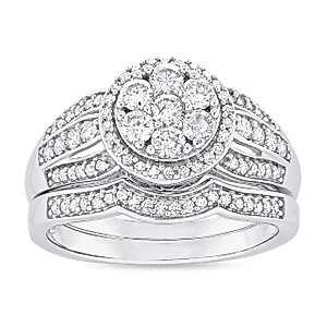 10K White Gold 3/4 Cttw Diamond Cluster Halo 3 Row Split Shank Engagement Ring & Wedding Band Bridal Set (H-I Color, I1-I2 Clarity) - Size 8