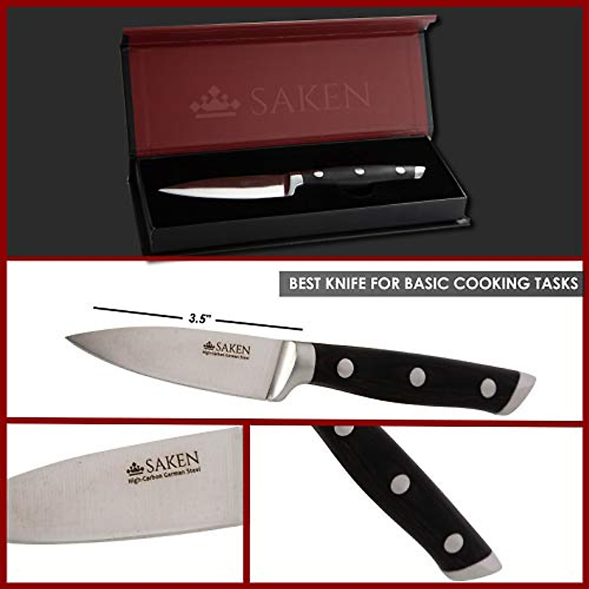 Saken Paring Knife 3.5 Inch Kitchen Utility Knife High Carbon Steel with Wooden Handle in Dark Wood Finish - Multipurpose Kitchen Knife for Mincing, Slicing, Chopping, and General Cutting Work