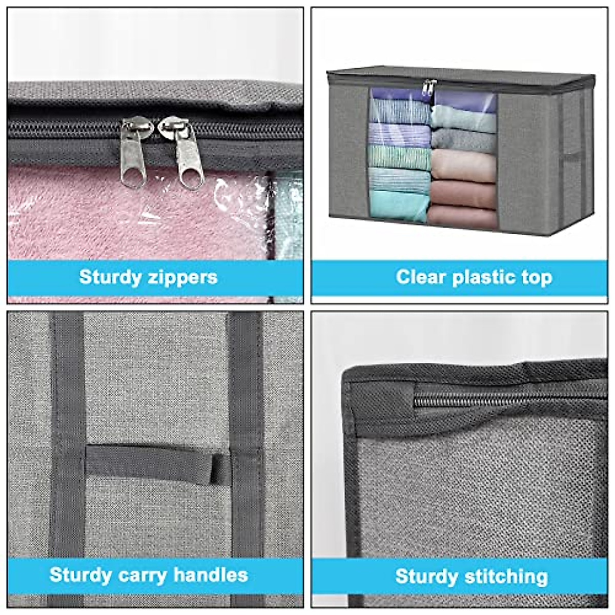 Foldable Large Clothes Comforter Soft Storage Bags, Breathable Linen Closet Storage and Organizers for Blankets, with Sturdy Zippers Clear Window, Set of 2 Grey with Printing