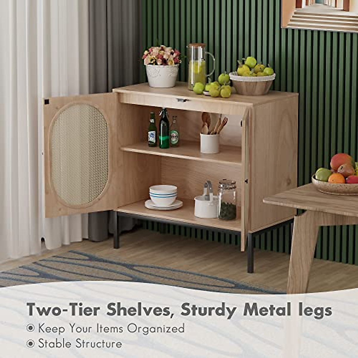 Sideboard Storage Cabinet with Handmade Natural Rattan Doors, Accent Cabinet Rattan Cabinet Buffet Cabinet with Storage, for Living Room, Dining Room, Entryway, Kitchen, Nature