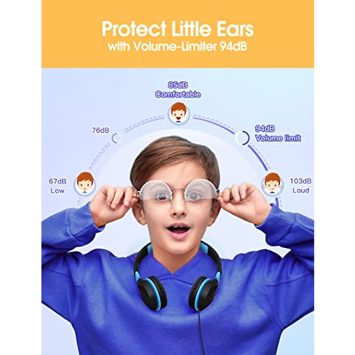 TUNEAKE Kids Headphones, Foldable Stereo On-Ear Kids Headset, 94dB Volume Limited, Adjustable Headband Headphones for Kids Teens, Tangle-Free 3.5mm Jack School Headphones for iPad Tablet, Blue Black