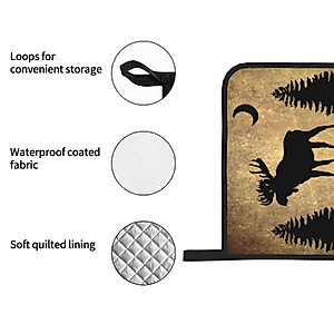 DONMYER Rustic Elk Moose Deer Forest Pine Tree Moon Design Oven Mitts and Pot Holders Sets of 4 Vintage Animal Heat Resistant Gloves Set Potholders for Kitchen Grilling Non-Slip, 7.2x11in+8x8in