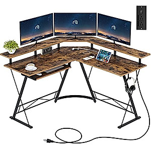 Rolanstar Computer Desk L Shaped with Power Outlet, 54” Reversible L Shaped Computer Desk with Monitor Stand and Keyboard Tray, Home Office Desk with USB Port & Hook, Rustic Brown