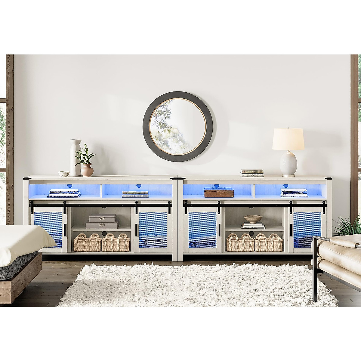 WAMPAT 2-in-1 TV Stand for 100+ Inch TV, Farmhouse & Industrial Media Entertainment Center w/Sliding Mesh Doors, Rustic TV Console w/Storage Shelves & Blue LED Lights for Living Room, Antique White