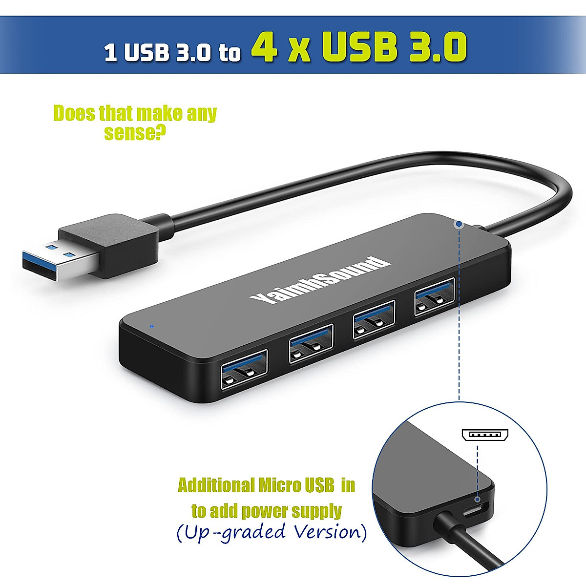 4-Port USB Hub 3.0, YaimhSound USB Splitter for Laptop, Keyboard and Mouse Adapter for Dell, Asus, HP, MacBook Air, Surface Pro, Acer, Xbox, Flash Drive, HDD, Console, Printer, Camera